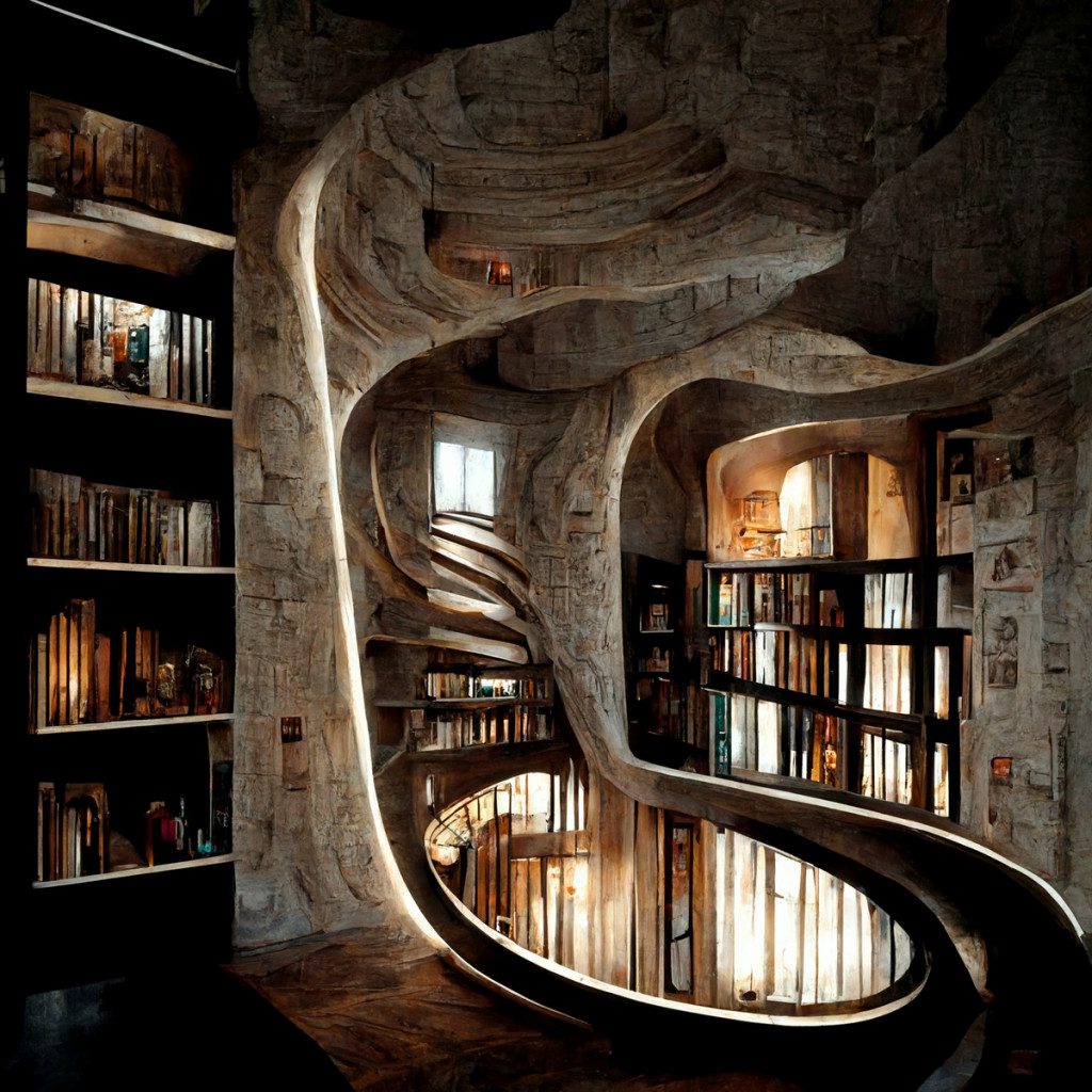 Twisted Walkways In A Stone Carved Library – Wolf Blue™