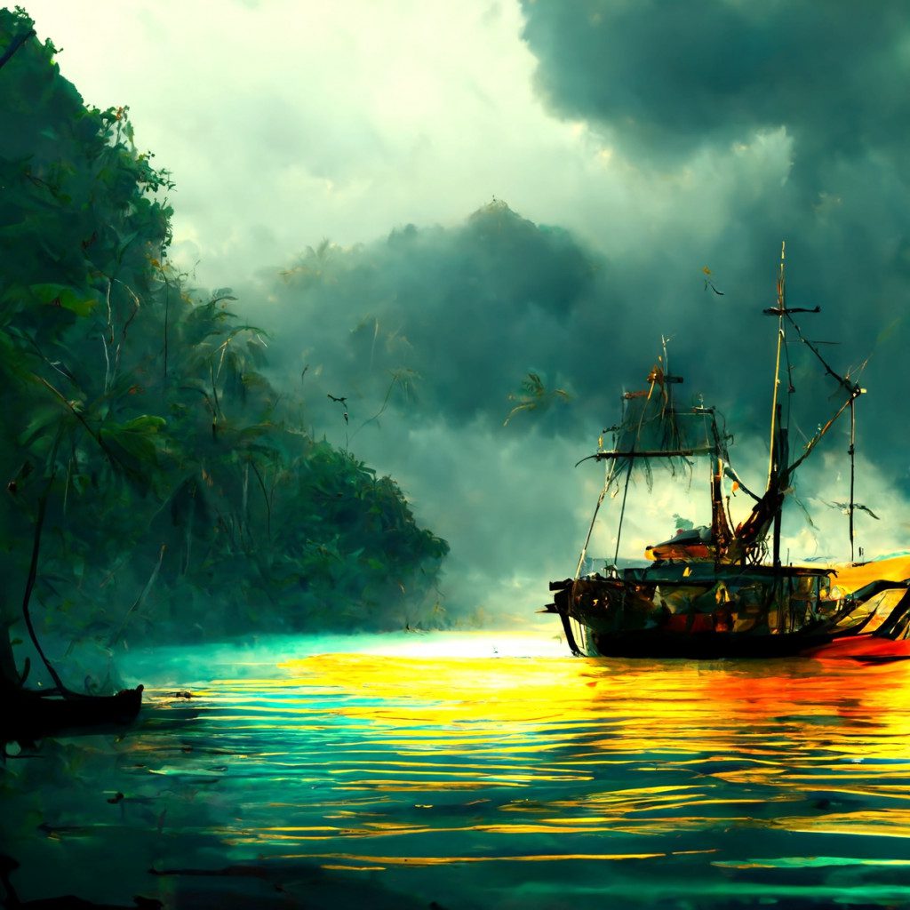 Wrecked Pirate Ship In Bay At Sunset – Wolf Blue™