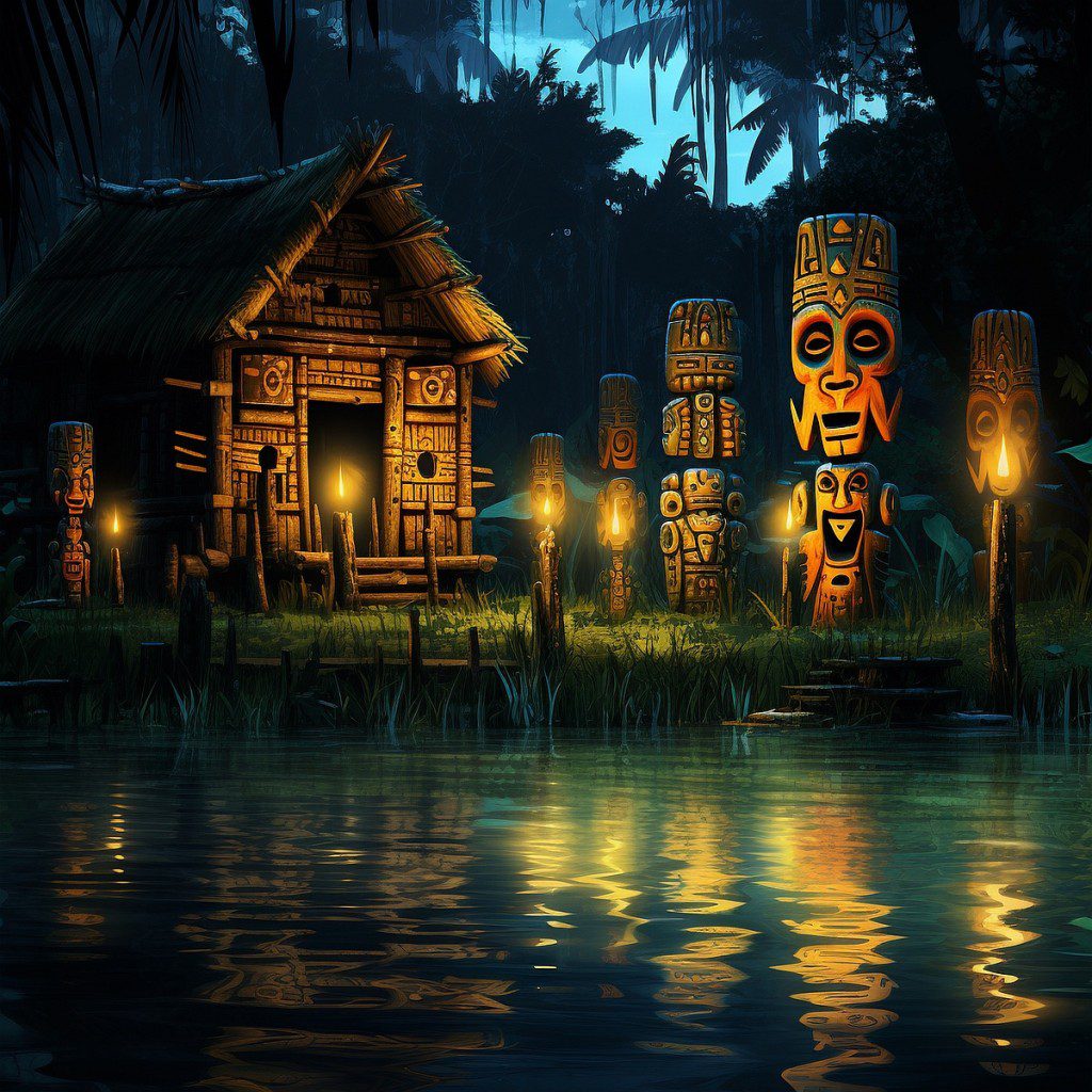 Riverside Tiki Village At Night – Wolf Blue™